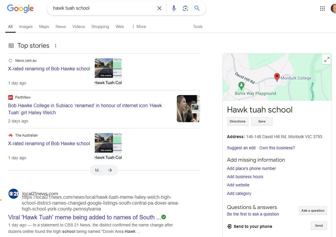 Schools on Google Maps are Being Renamed Hawk Tuah Schools - Bill Hartzer