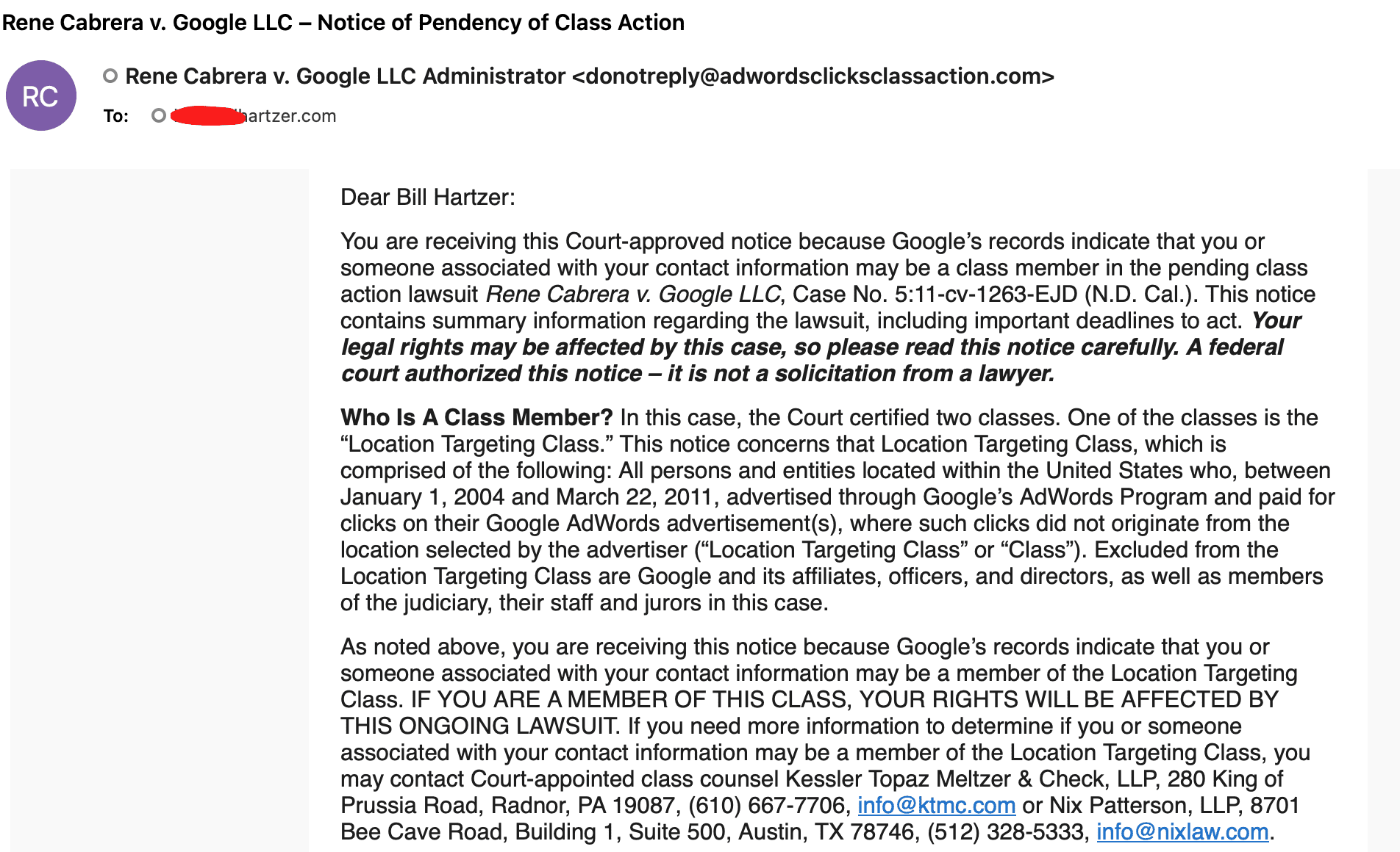 Class Action Lawsuit Rene Cabrera v. Google LLC Advances, Notices Sent ...
