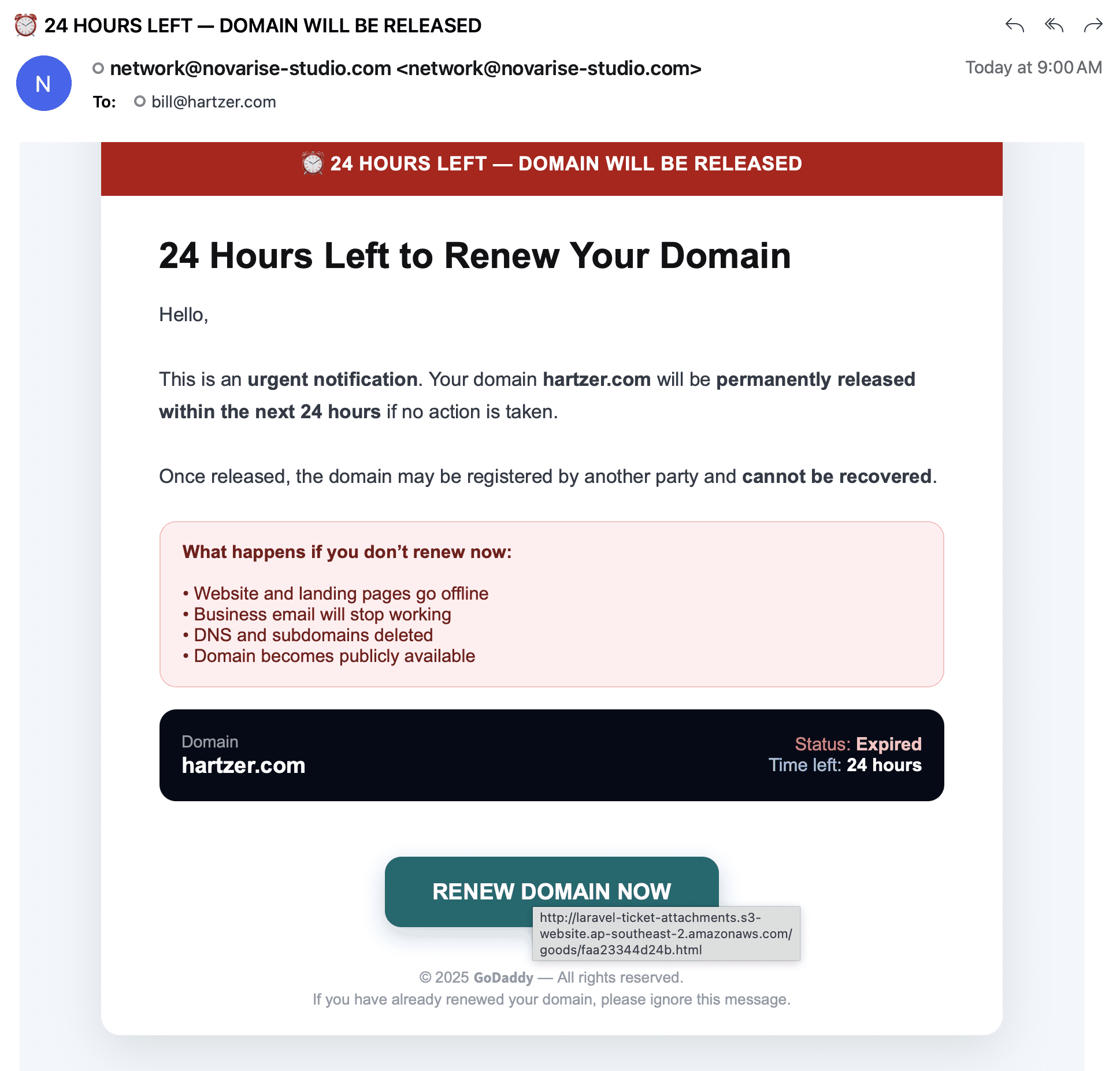 Another Fake GoDaddy ‘24 Hours Left’ Email Is Making the Rounds - Bill ...